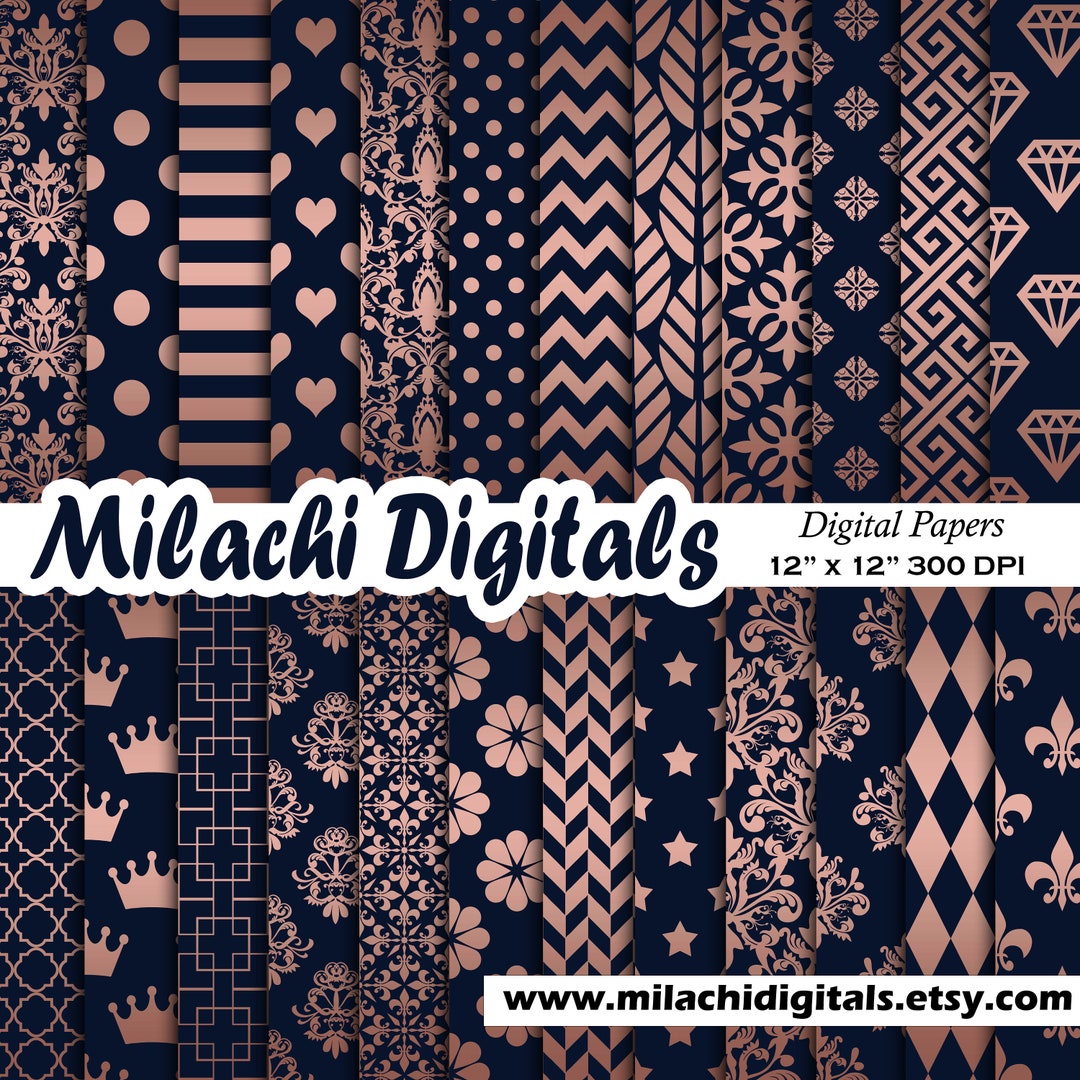 Rose Gold and Navy Digital Paper Royal Rose Gold Patterns Luxury Polka ...