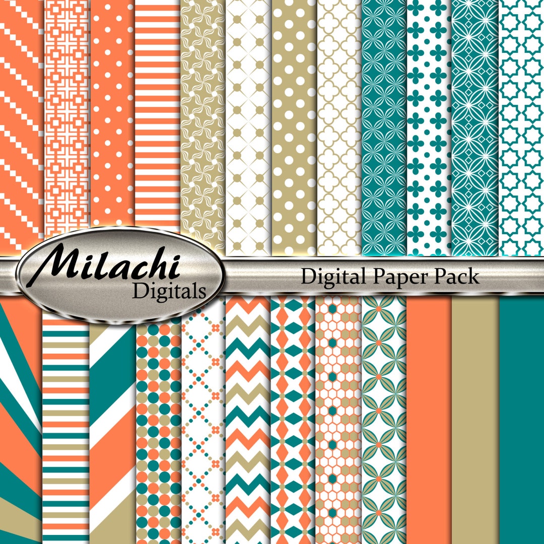 Coral Ecru Teal Digital Paper Pack, Scrapbook Papers, Commercial Use ...