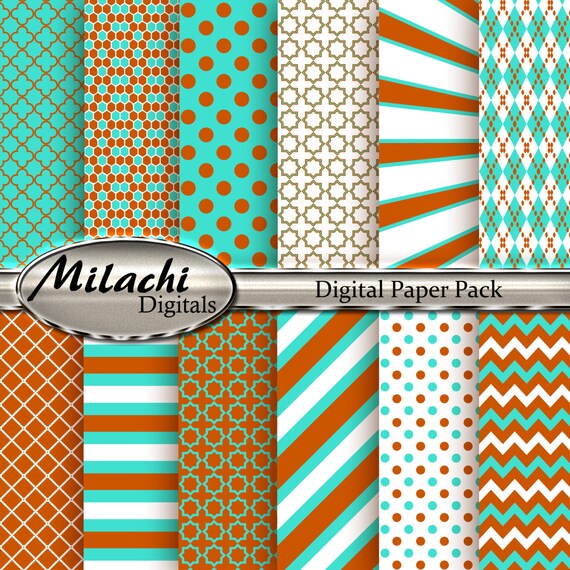 Turquoise and Orange Digital Paper Pack Commercial Use | Etsy
