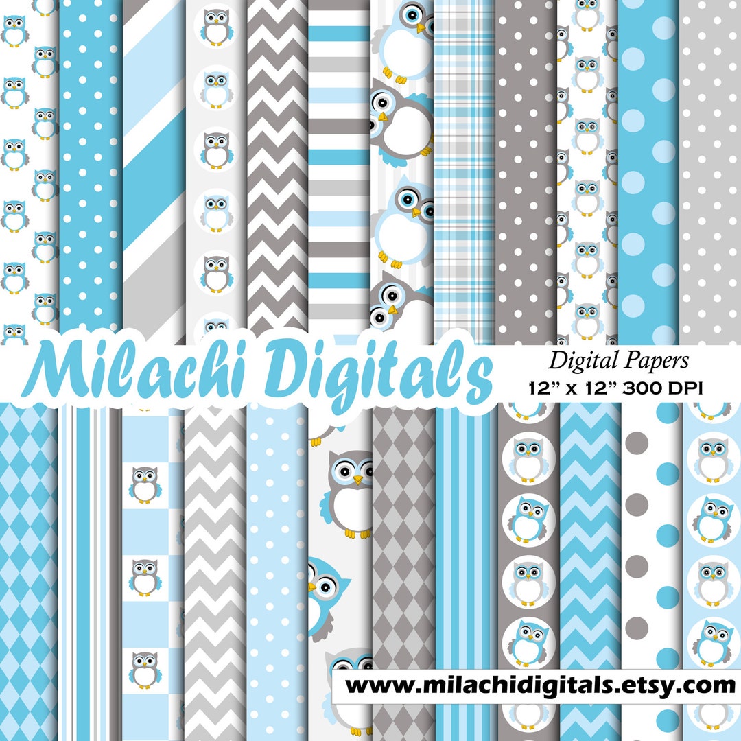 Owls Digital Paper, Blue and Gray Scrapbook Papers, Owl Wallpaper, Owls ...