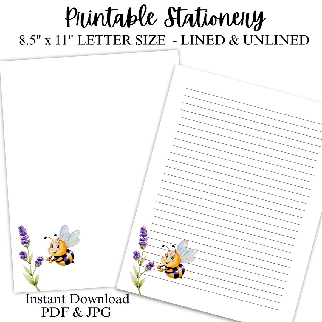 Bee and Flower Printable Stationery, Lined & Unlined Paper PDF and JPG ...