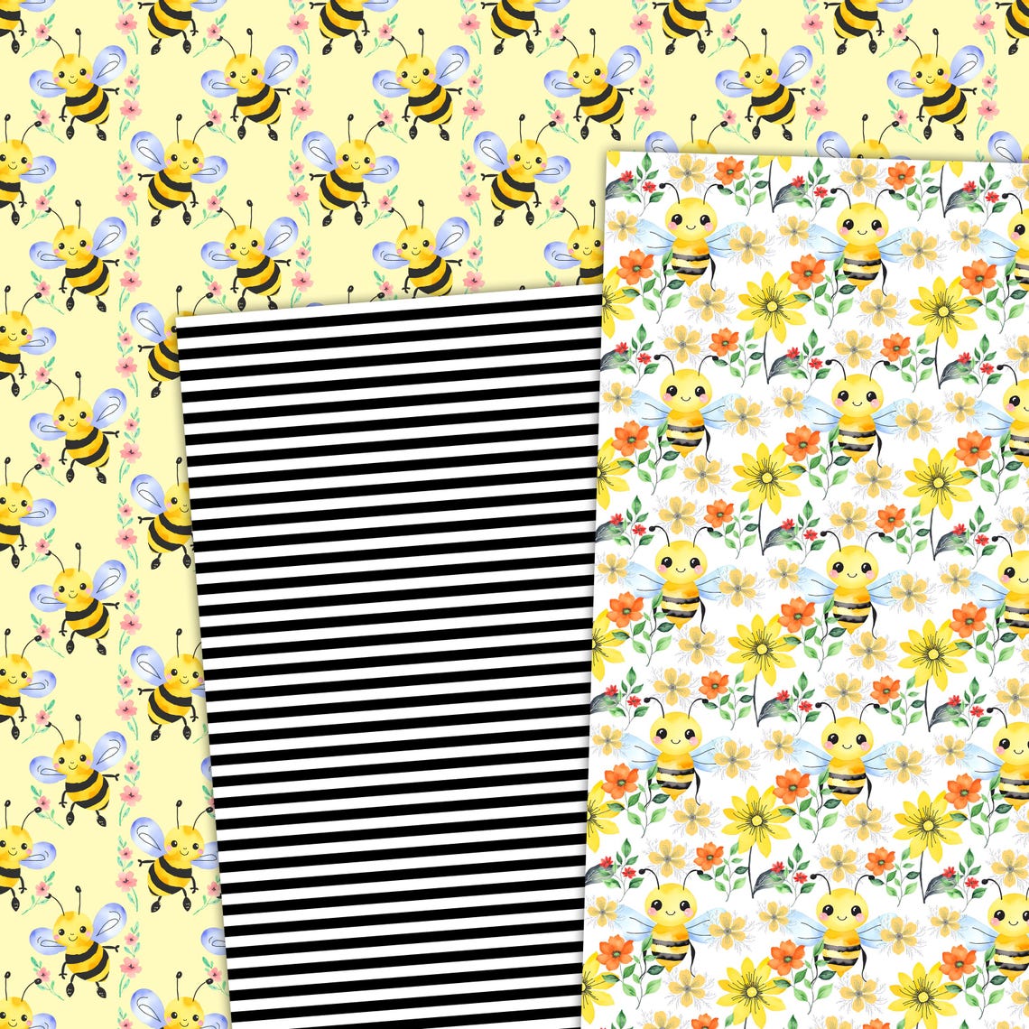 Cute Bee Digital Paper Seamless 12"x12" Scrapbook Paper, Junk Journal ...
