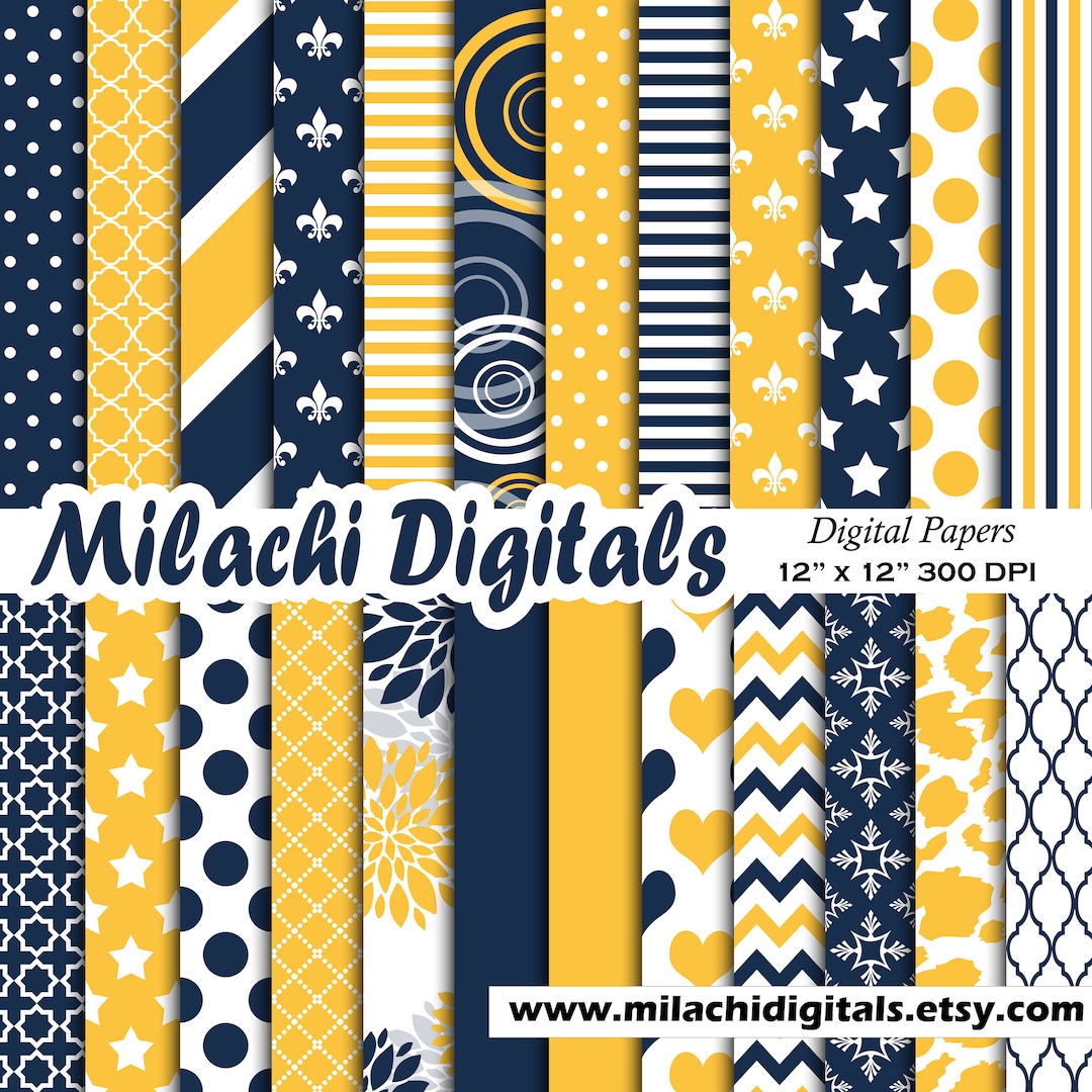 Navy Blue and Yellow Digital Paper, Scrapbook Papers, Chevron ...