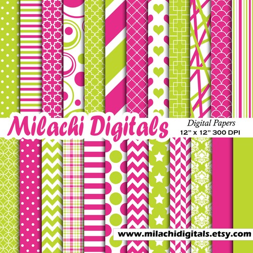 Pink and Lime Green Digital Paper Scrapbook Papers - Etsy
