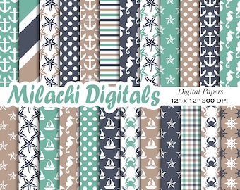 Nautical Digital Paper, Ahoy Scrapbook Papers, Chevron Background ...