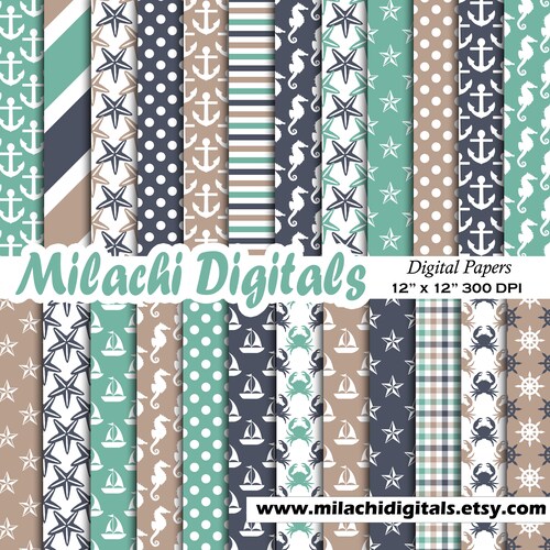 Nautical Digital Paper Ahoy Scrapbook Papers Chevron - Etsy