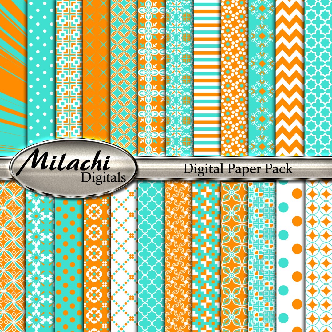 Turquoise and Dark Orange Digital Paper Pack, 12" X 12" Scrapbook ...