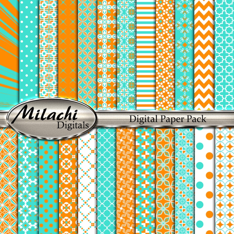 Turquoise and Dark Orange Digital Paper Pack, 12" X 12" Scrapbook ...