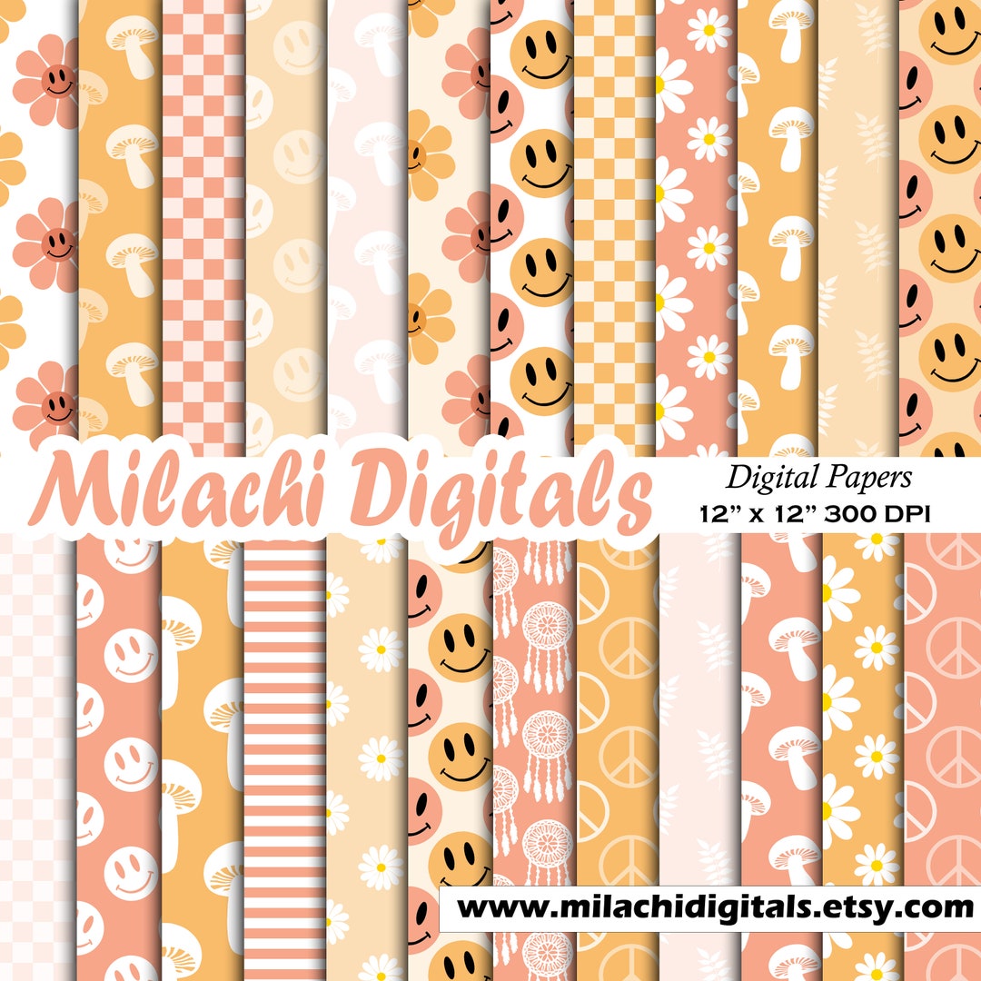 Groovy Retro Digital Paper Pack, Scrapbook Papers, Happy Face Seamless ...