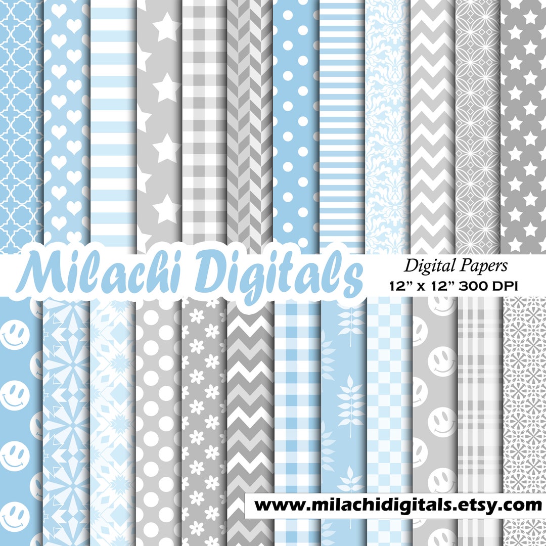 Light Blue and Gray Digital Paper Pack, Scrapbook Papers, Seamless ...
