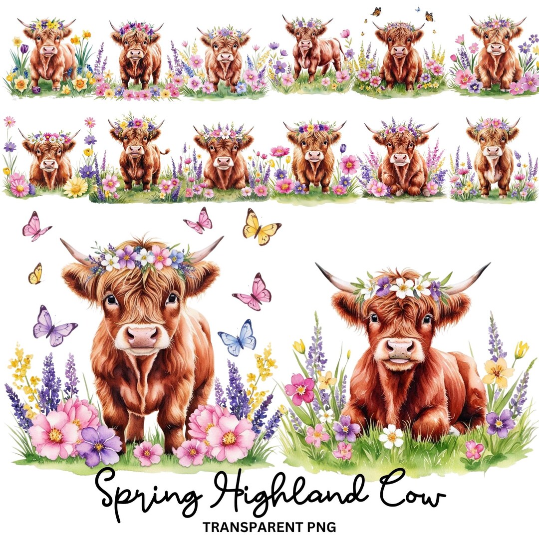 14 PNG Spring Highland Cow Clipart, Flower Crown & Butterfly Digital ...