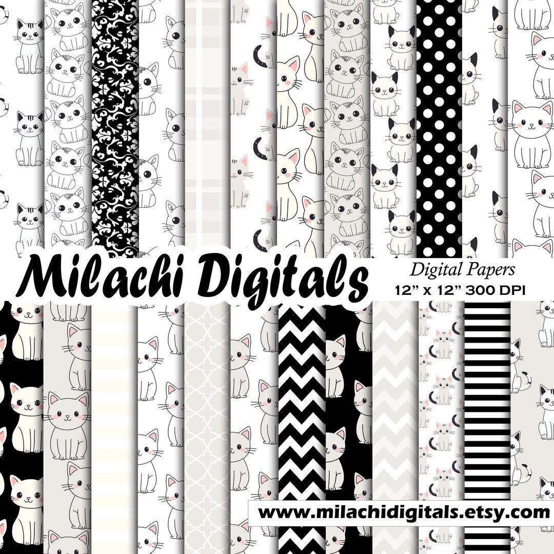 Cute Cats Digital Paper, Seamless 12"x12" Scrapbook Paper, Cat Junk ...