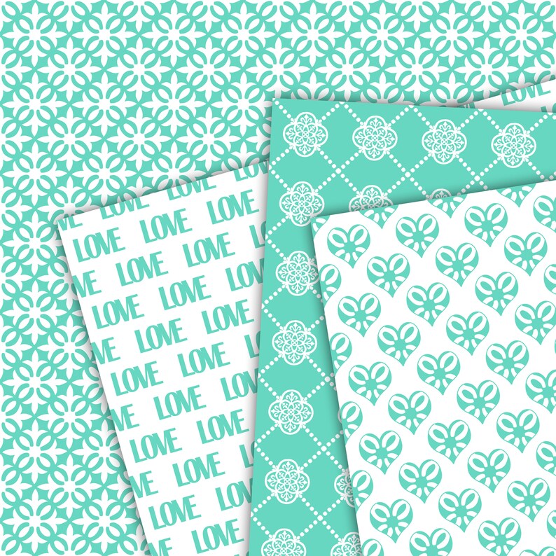 Aqua Wedding Digital Paper Damask Pattern Floral Background Polka Dots ...