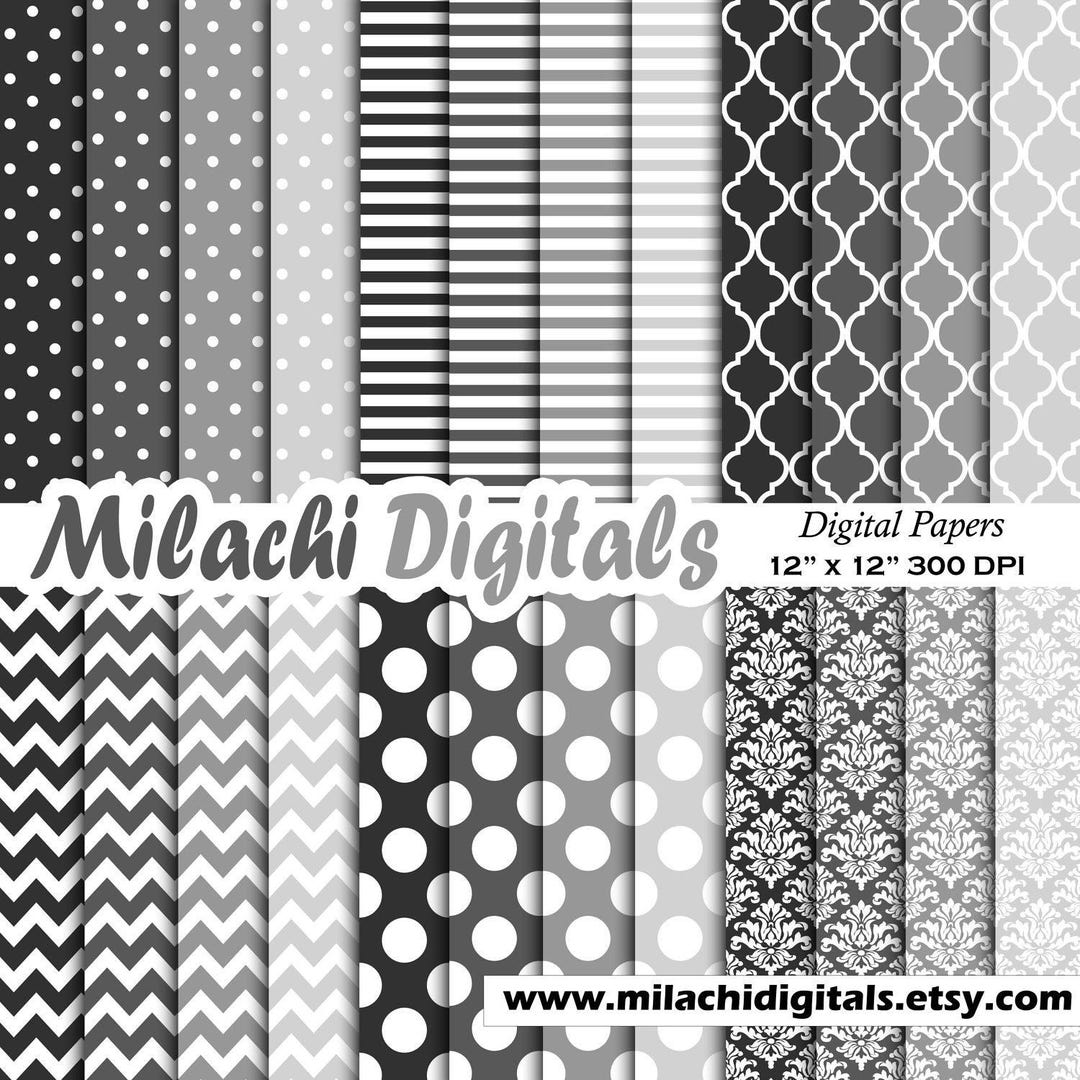 Gray Digital Paper, Scrapbook Papers, Background, Polka Dots, Stripes ...