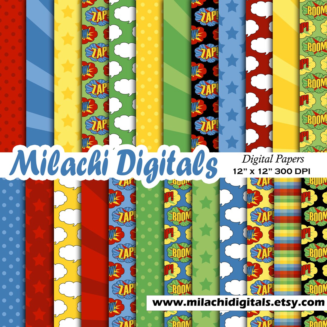 Superhero Digital Paper, Comic Book Scrapbook Papers, Polka Dots ...