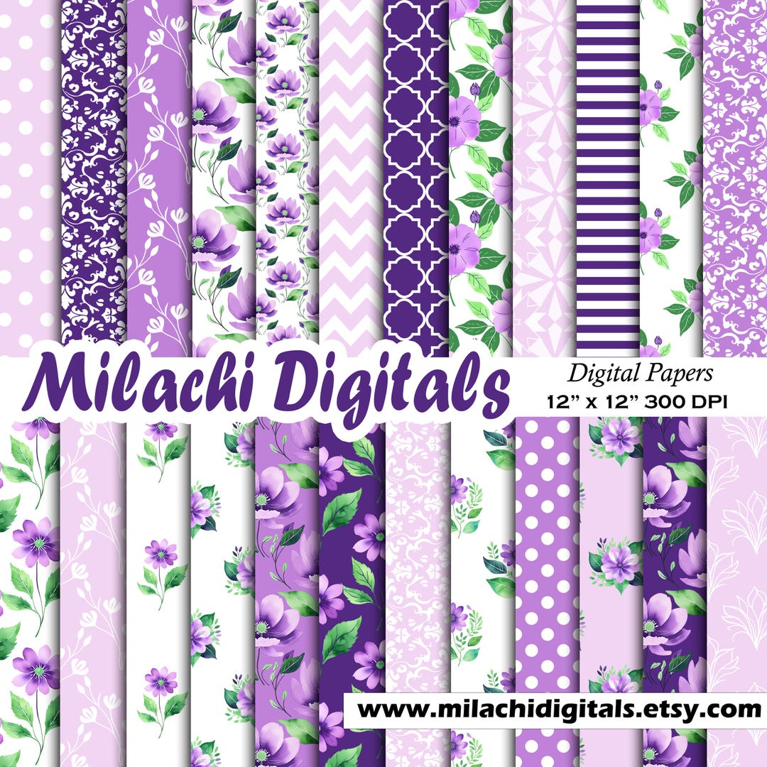Purple Flowers Digital Paper, Seamless 12"x12" Scrapbook Paper, Junk ...