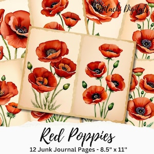 Red Poppies Junk Journal Printable Pages, Floral Scrapbook Paper, Poppy ...