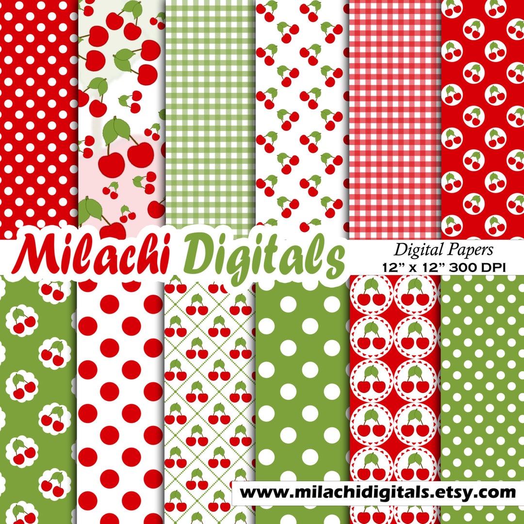 Cherry Digital Paper, Red, Green, Polka Dots, Gingham, Cherry ...