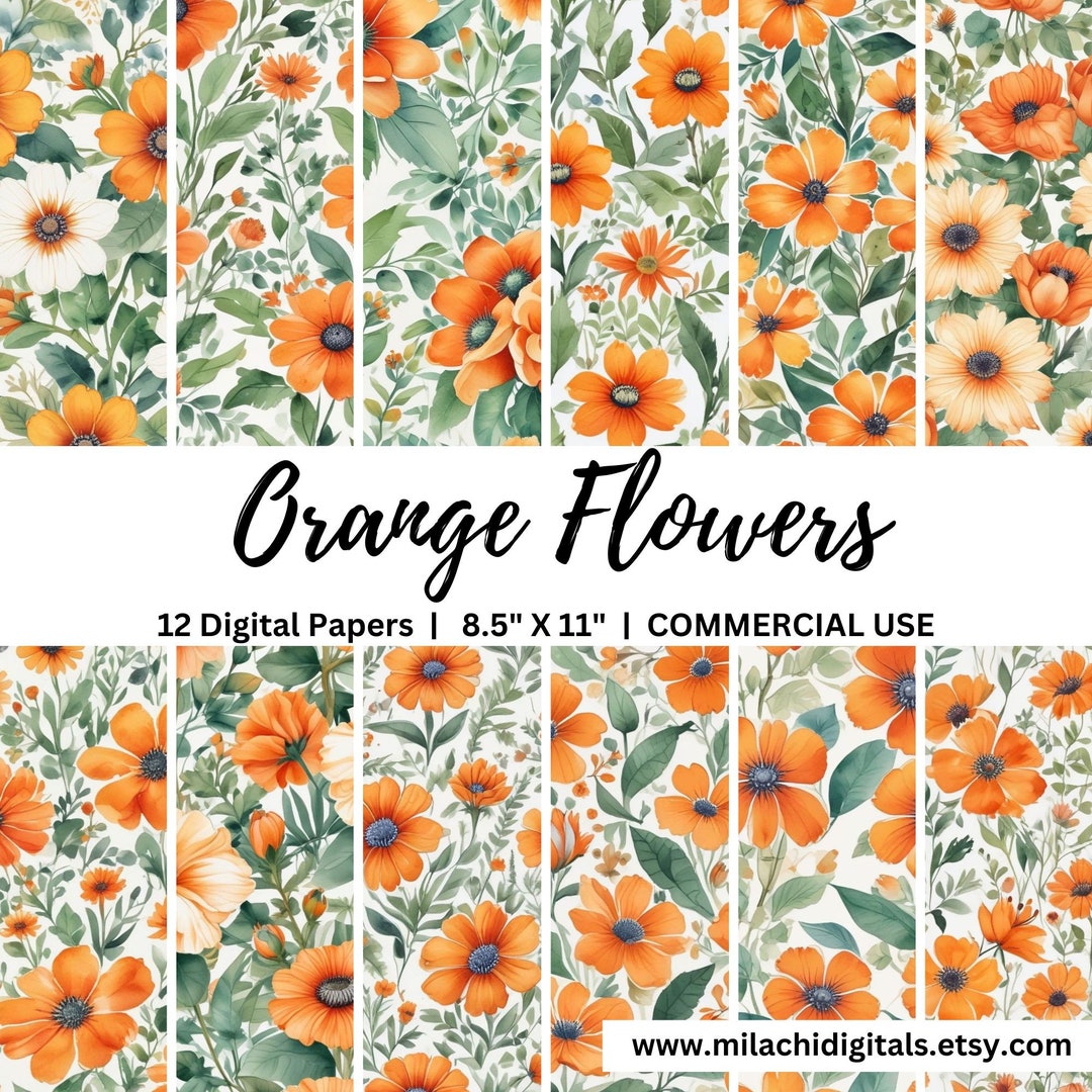 Orange Flowers Digital Paper Pack 8.5"x11", Summer Junk Journal ...