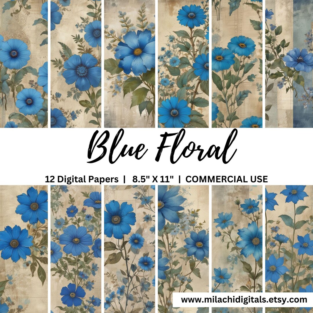 Blue Floral Digital Paper Pack 8.5"x11", Floral Printable Junk Journal ...