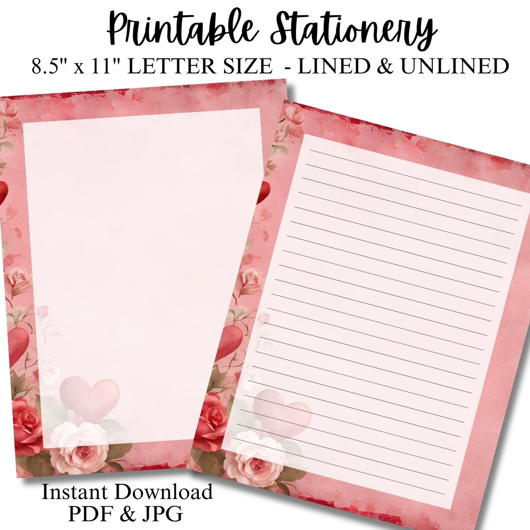Valentine's Day Printable Writing Paper Stationery, Digital Paper for ...