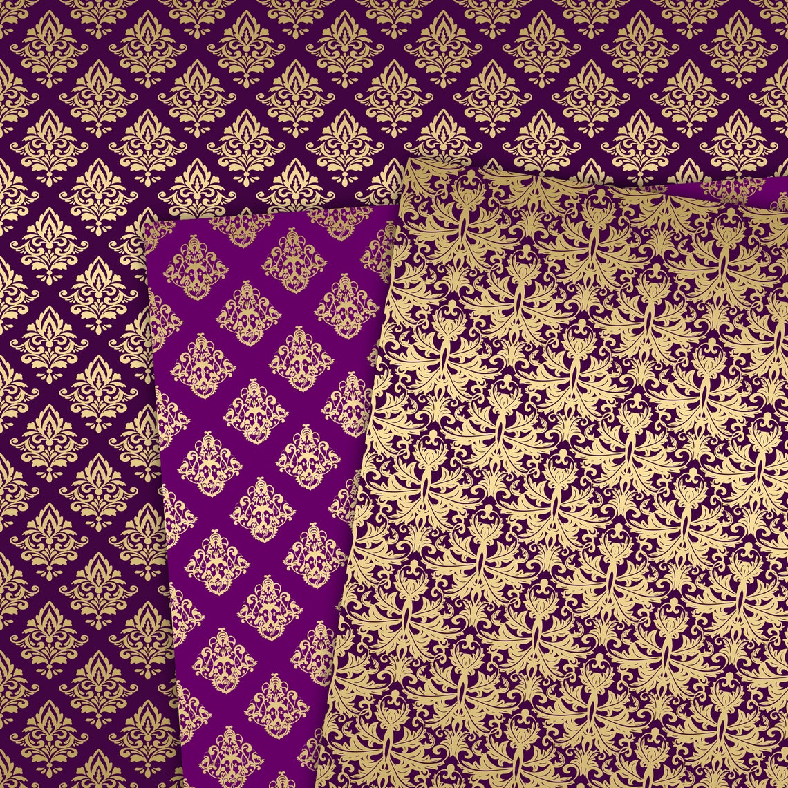 Purple and Gold Damask digital paper seamless gold patterns | Etsy