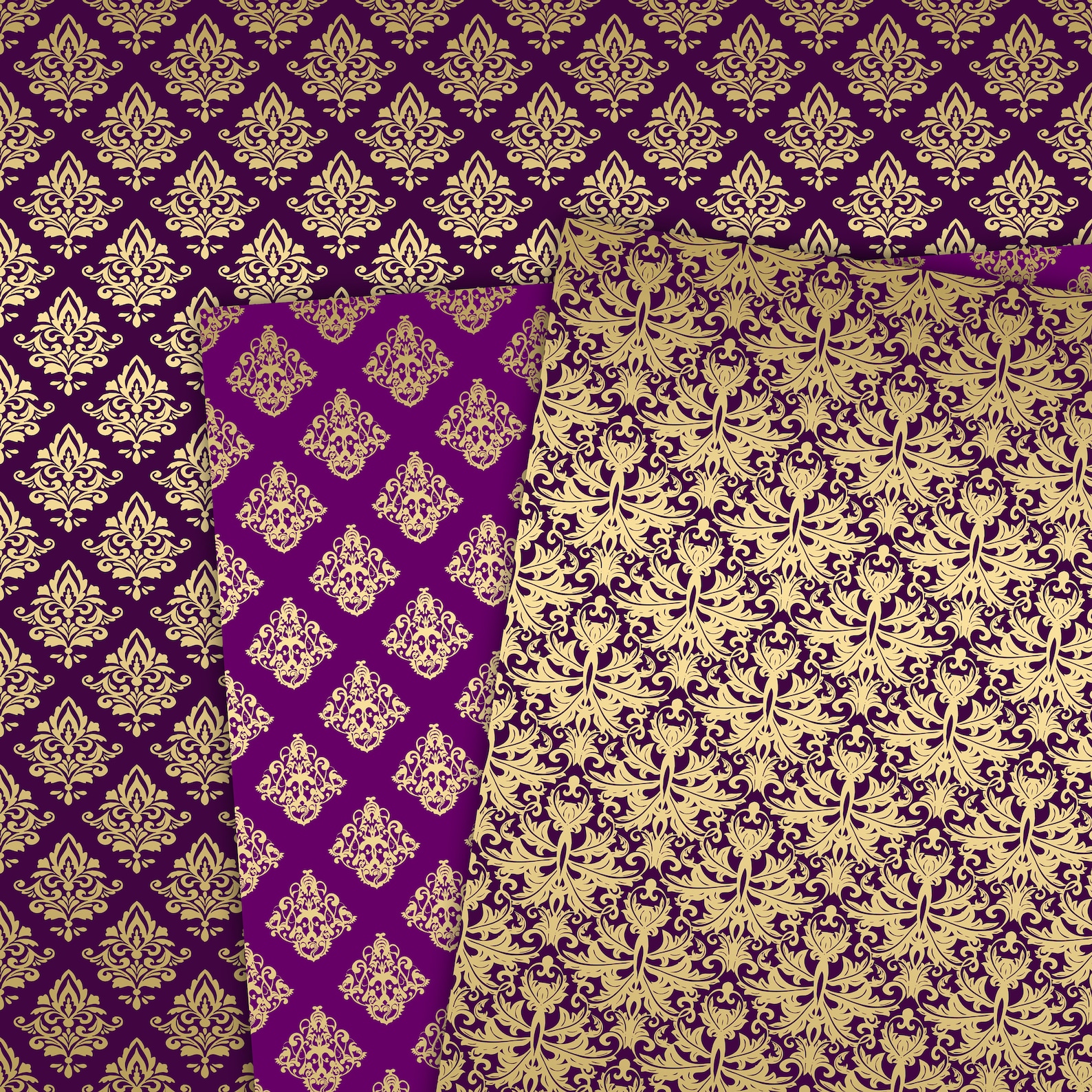 Purple and Gold Damask Digital Paper, Seamless Gold Patterns, Purple ...
