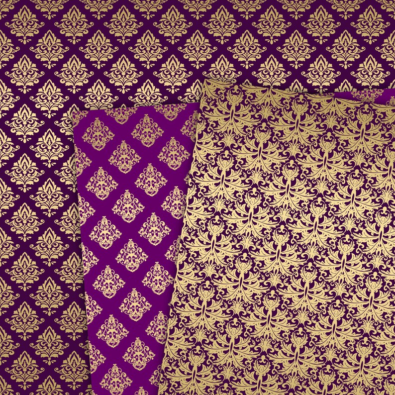 Purple and Gold Damask Digital Paper Seamless Gold Patterns - Etsy