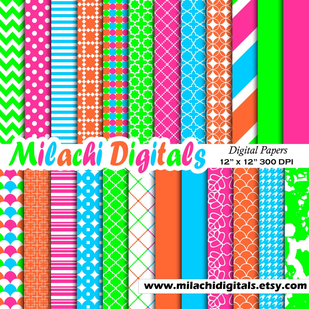 Bright Digital Paper, Stripes, Chevron, Polka Dots, Candy Stripe ...