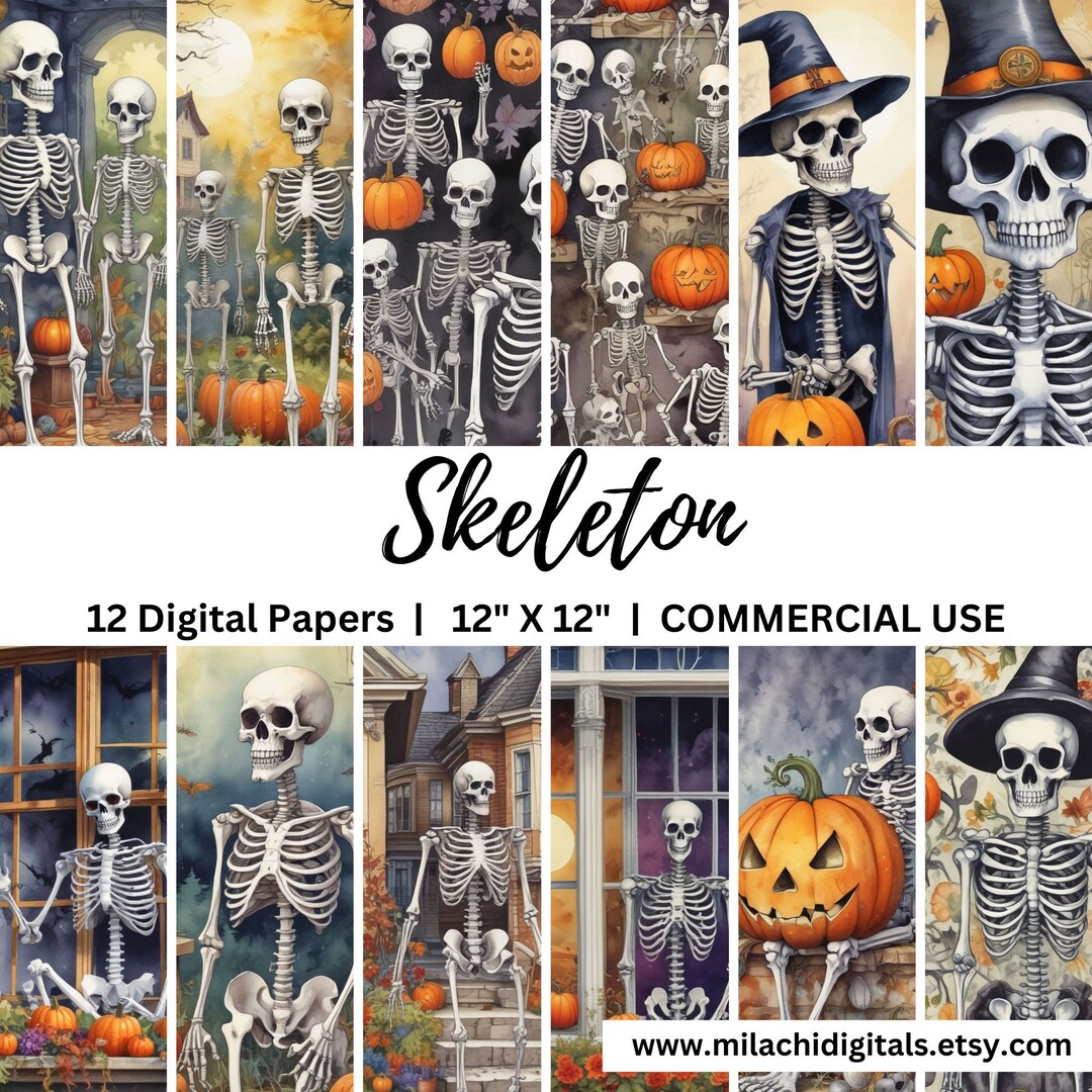 Halloween Skeleton Digital Paper Pack 12"x12", Spooky Background, DIY ...