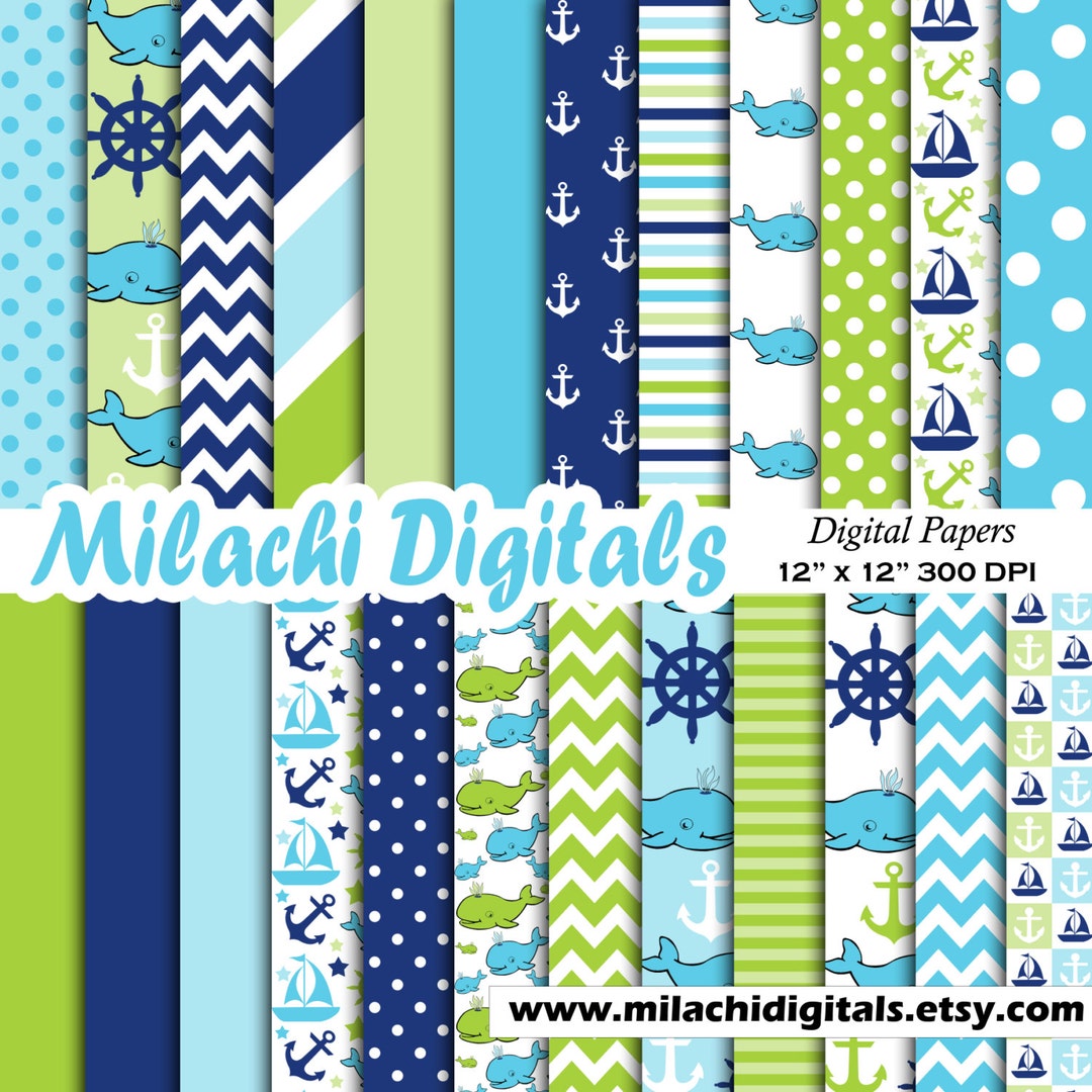 Whale Digital Paper, Nautical Scrapbook Papers, Sailboat Wallpaper ...