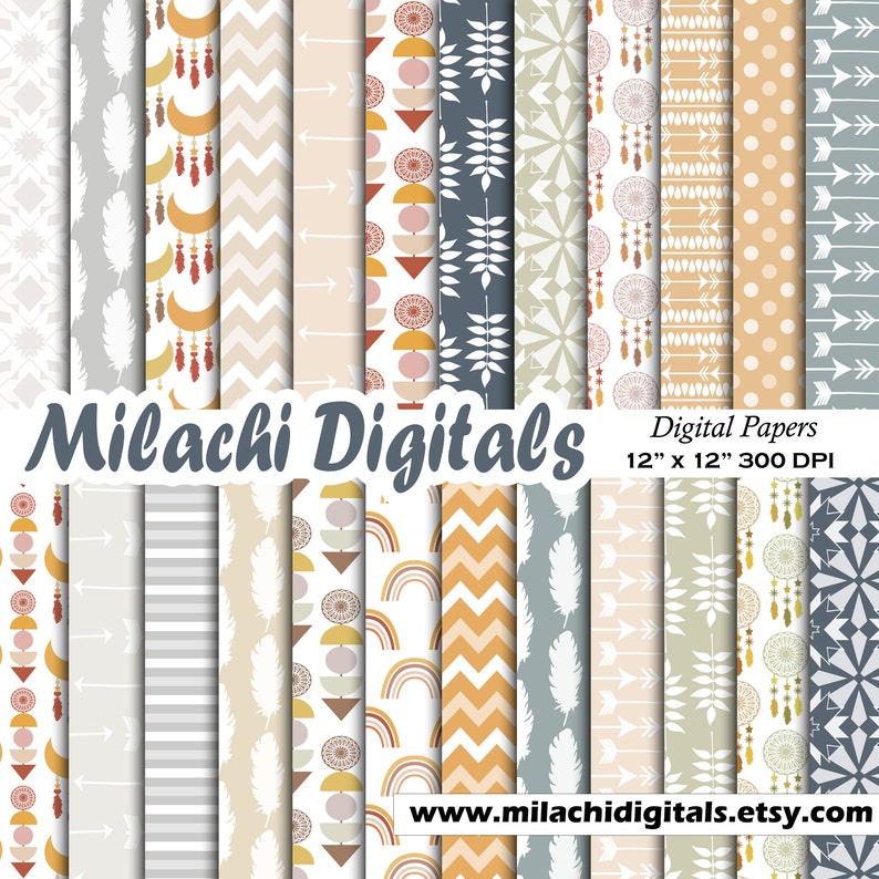 Bohemian Digital Paper, Boho Baby Shower Scrapbook Papers, Tribal ...
