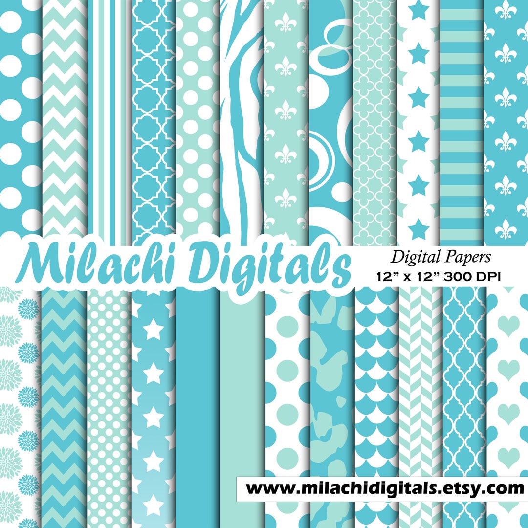 Turquoise and Blue Digital Paper, Chevron Scrapbook Papers, Polka Dots ...
