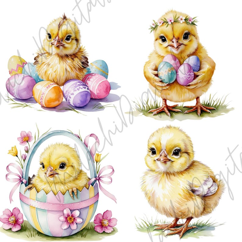 12 PNG Easter Chicks Clipart Bundle, Watercolor Chick, Easter Eggs ...