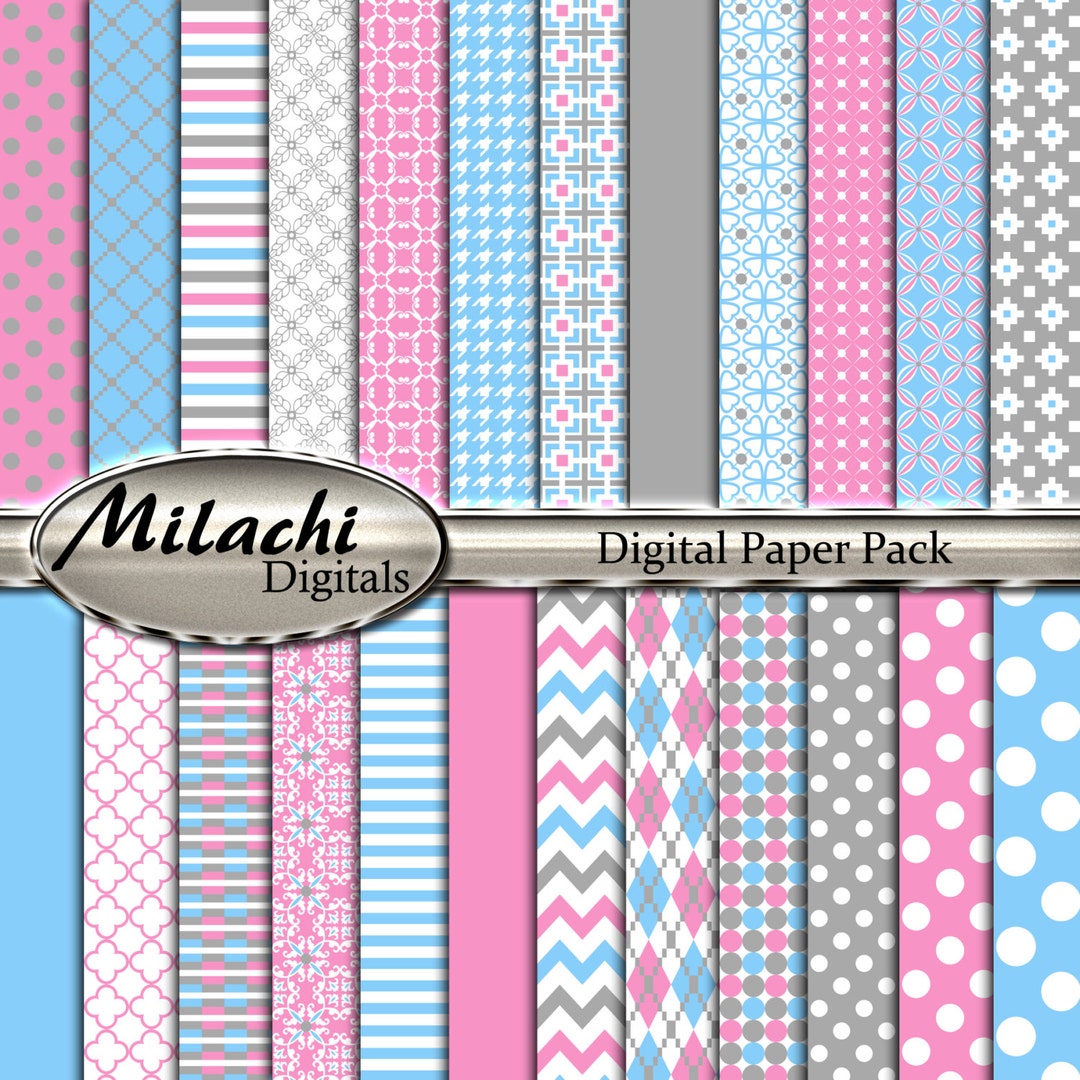 Gray Pink Blue Digital Paper Pack, 12" X 12" Scrapbook Papers ...