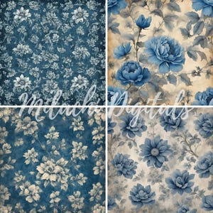 Victorian Blue Florals Digital Paper, Junk Journal Pages, Distressed ...