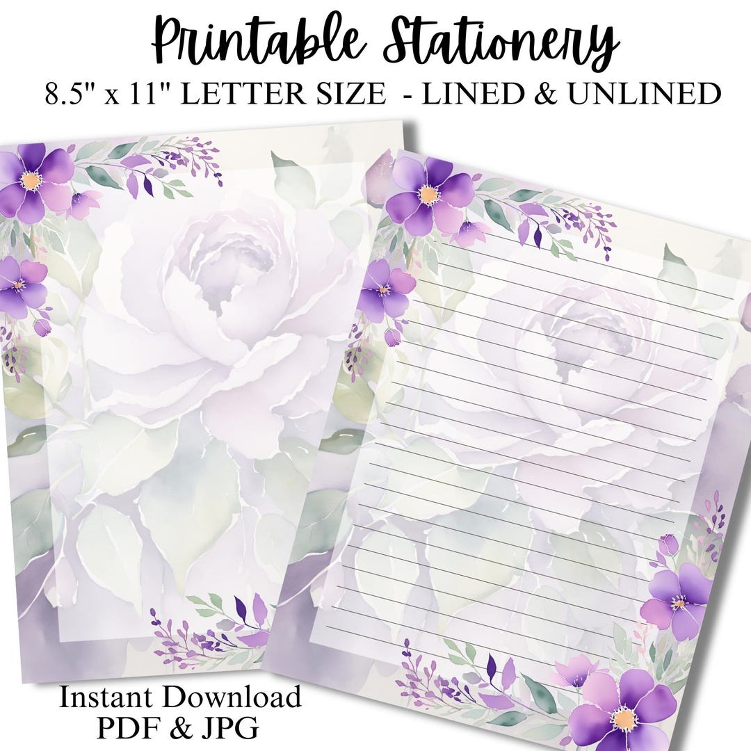 Printable Purple Floral Stationery, Digital Paper for Journals, Writing ...