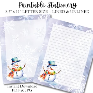 Snowman Printable Writing Paper Stationery, Digital Paper for Journals ...