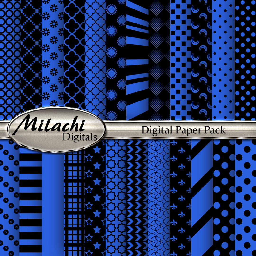 Black and Royal Blue Digital Paper Pack, Junk Journal Pages, Scrapbook ...