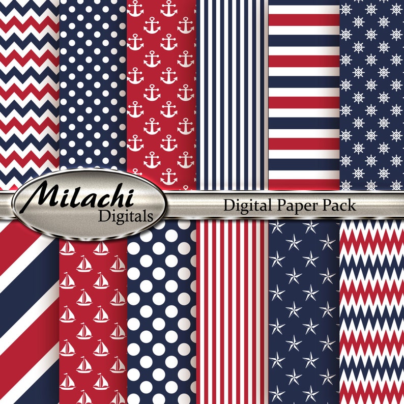 Nautical Red Navy Blue White Digital Paper Pack - Commercial Use ...