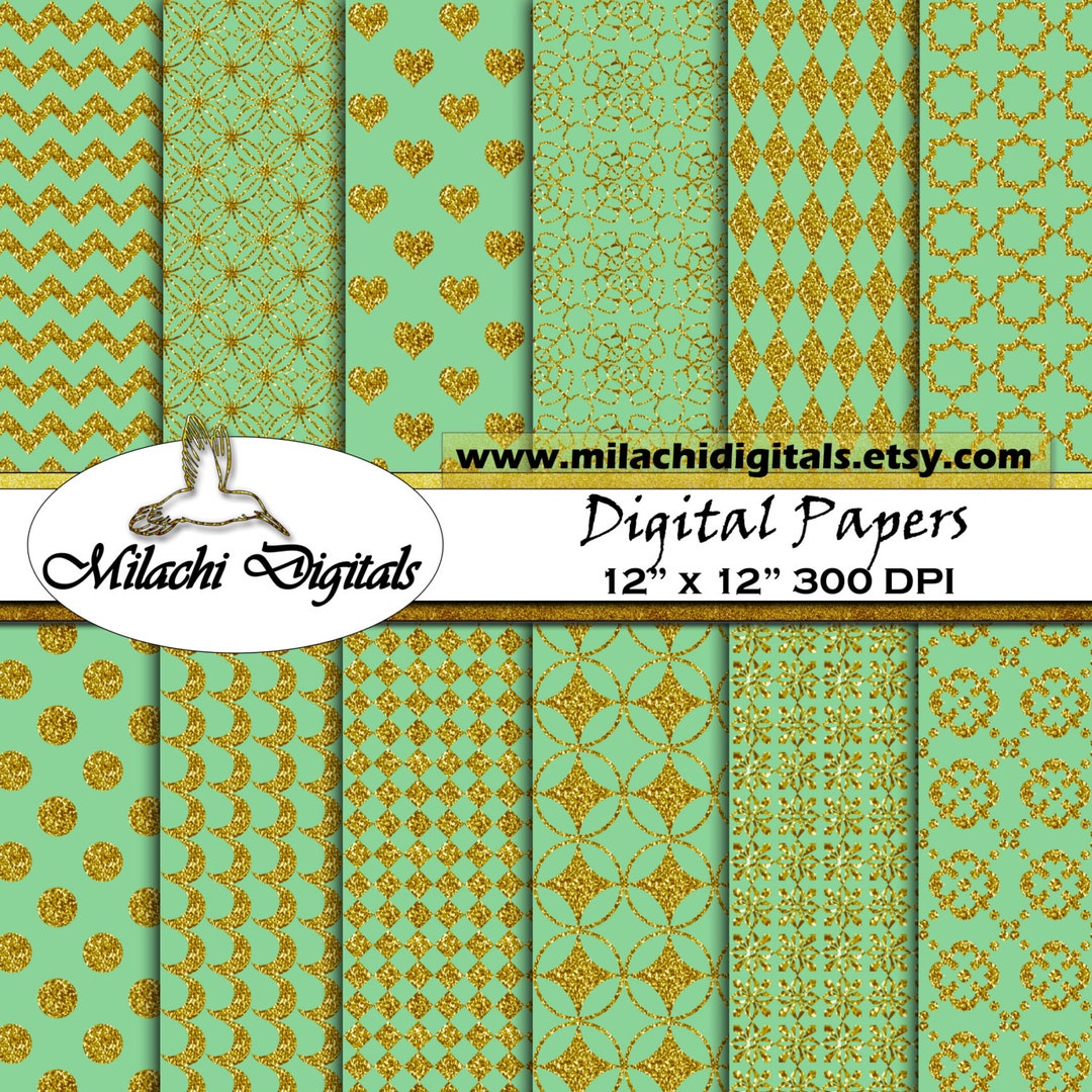 Glitter Gold and Mint Digital Paper, Background, Scrapbook Papers ...