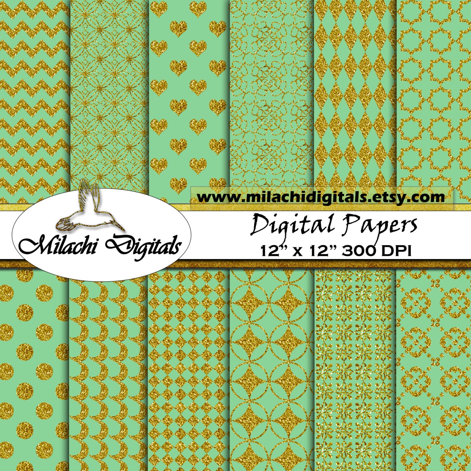 Glitter Gold and Mint Digital Paper Background Scrapbook - Etsy