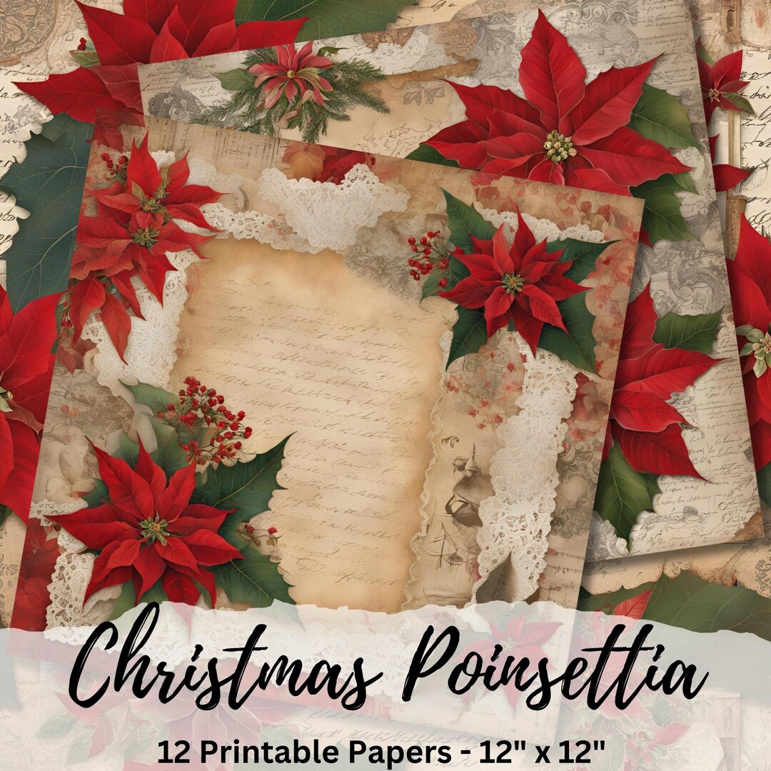 Christmas Poinsettia Digital Paper Pack 12"x12", Floral Background, DIY ...
