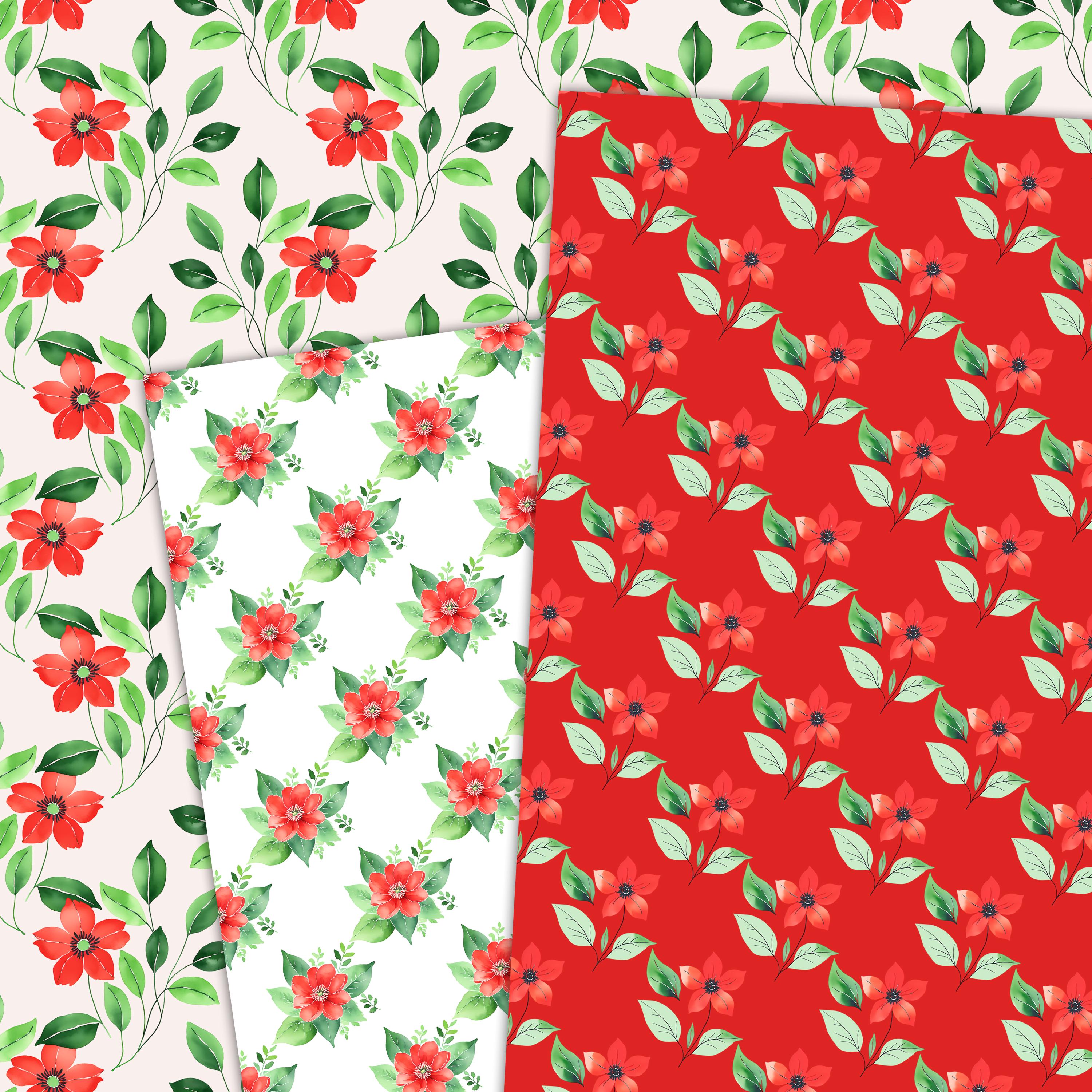 Red Flowers Digital Paper, Seamless 12"x12" Scrapbook Paper, Junk ...