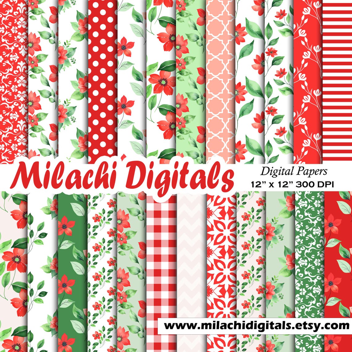 Red Flowers Digital Paper, Seamless 12"x12" Scrapbook Paper, Junk ...