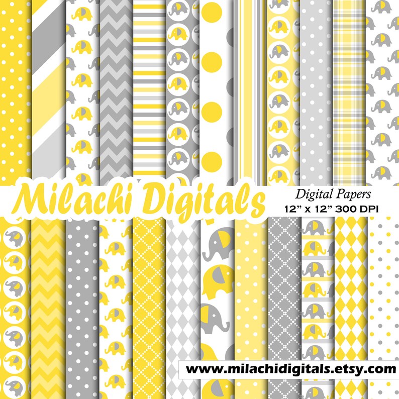Elephant Digital Paper, Elephant Scrapbook Papers, Yellow and Gray ...