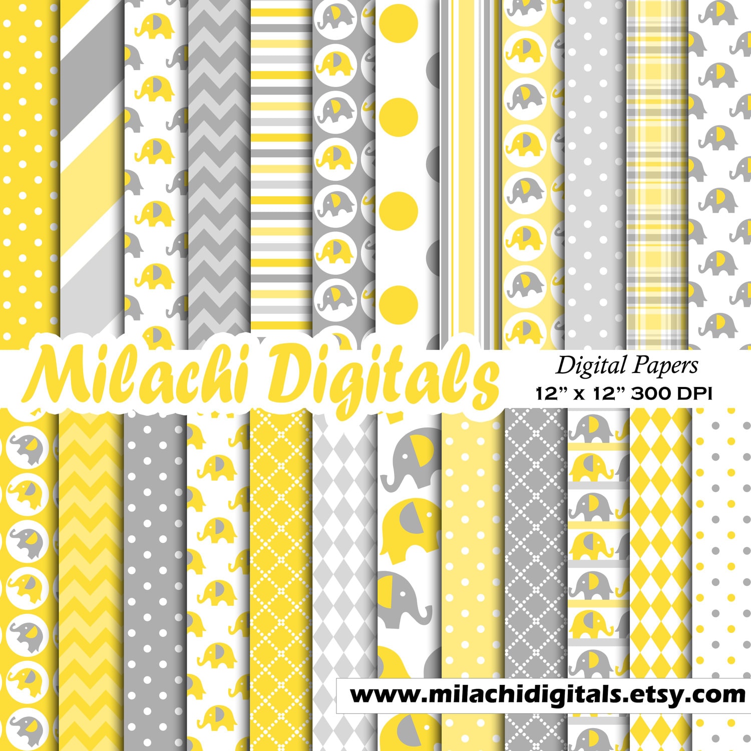 Elephant Digital Paper, Elephant Scrapbook Papers, Yellow and Gray ...