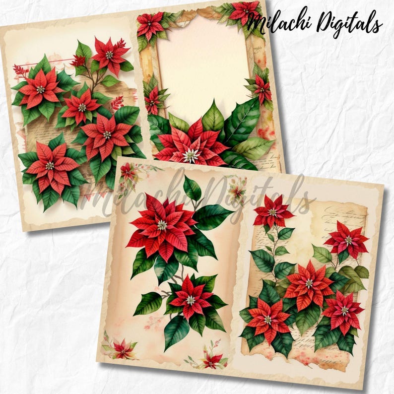 Christmas Poinsettia Junk Journal Paper Printable, Christmas Scrapbook ...