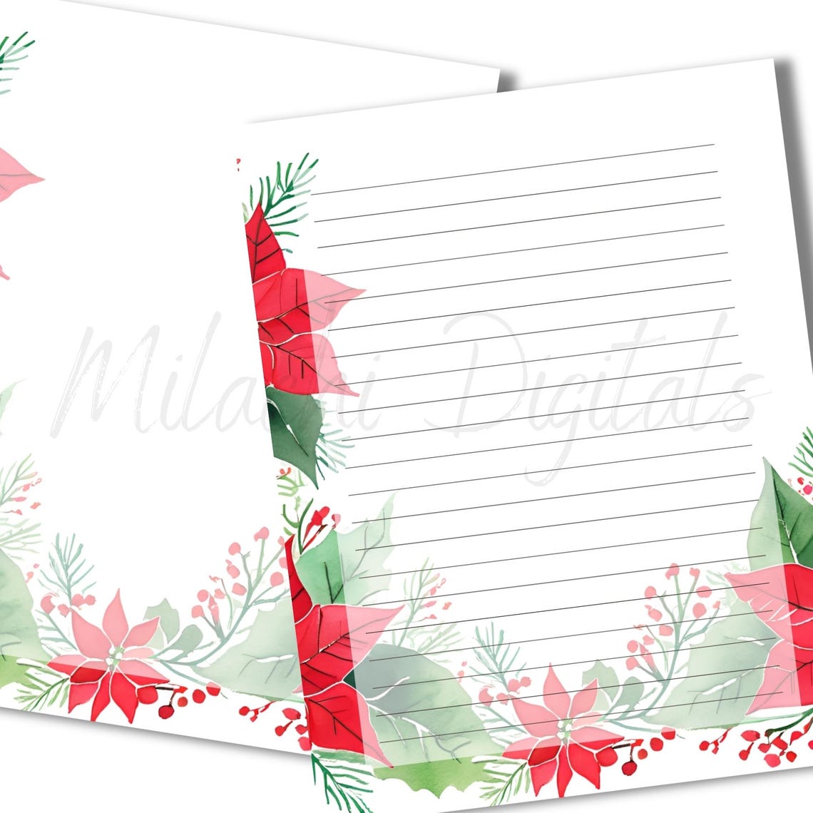 Printable Writing Paper Christmas Poinsettia Stationery, Digital Paper ...