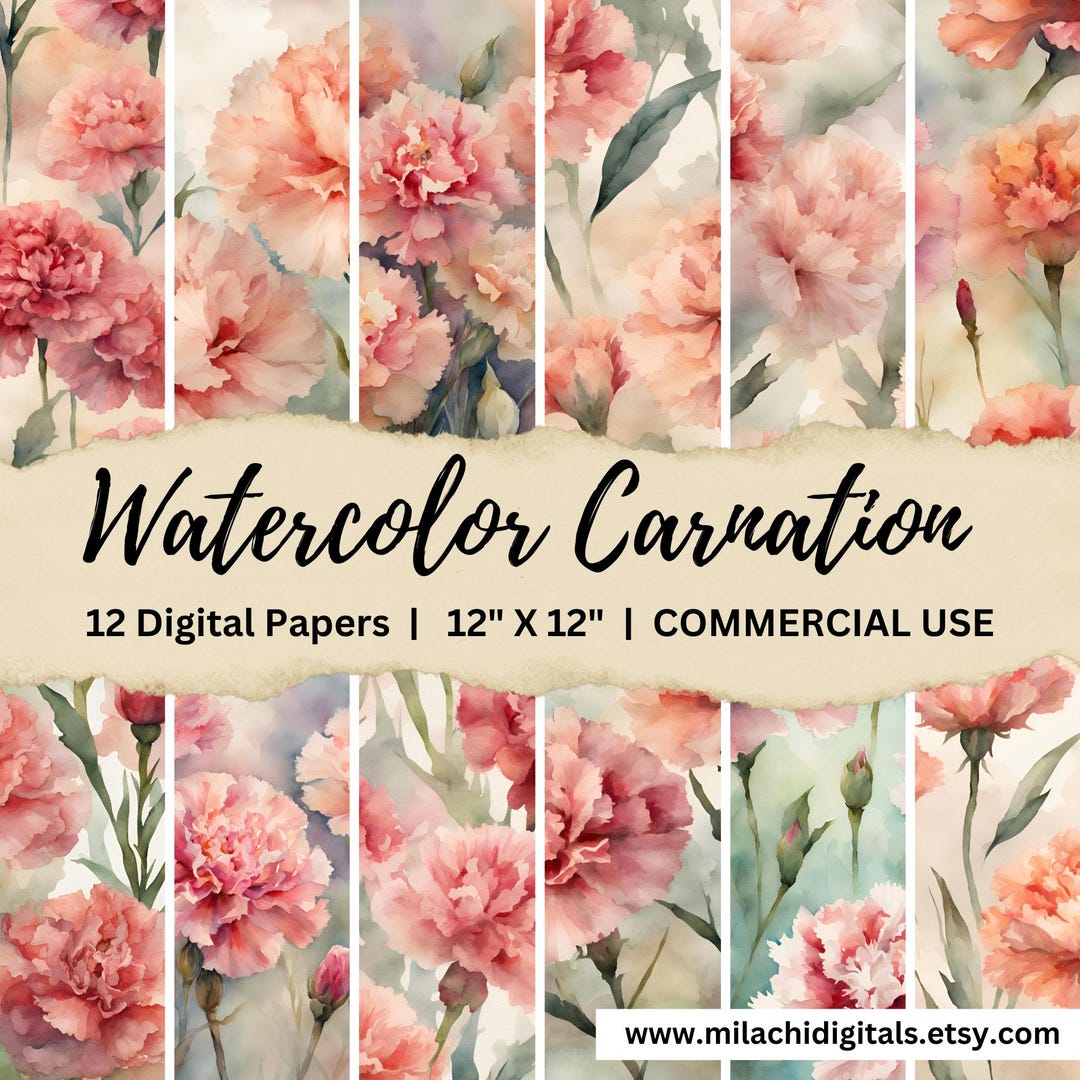 Watercolor Carnation Digital Paper, Floral Backgrounds, Junk Journal ...